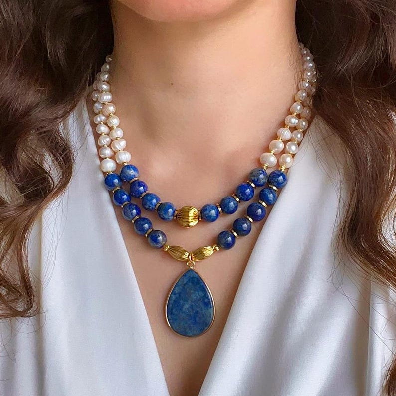 Lapis Lazuli Pearl Necklace: Navy Gemstone Beaded Statement Jewelry ...