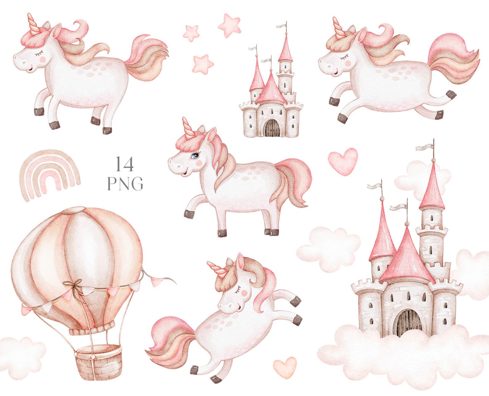Cute Unicorn Watercolor Clipart. Magic Unicorn Graphics. Castle, Hot ...