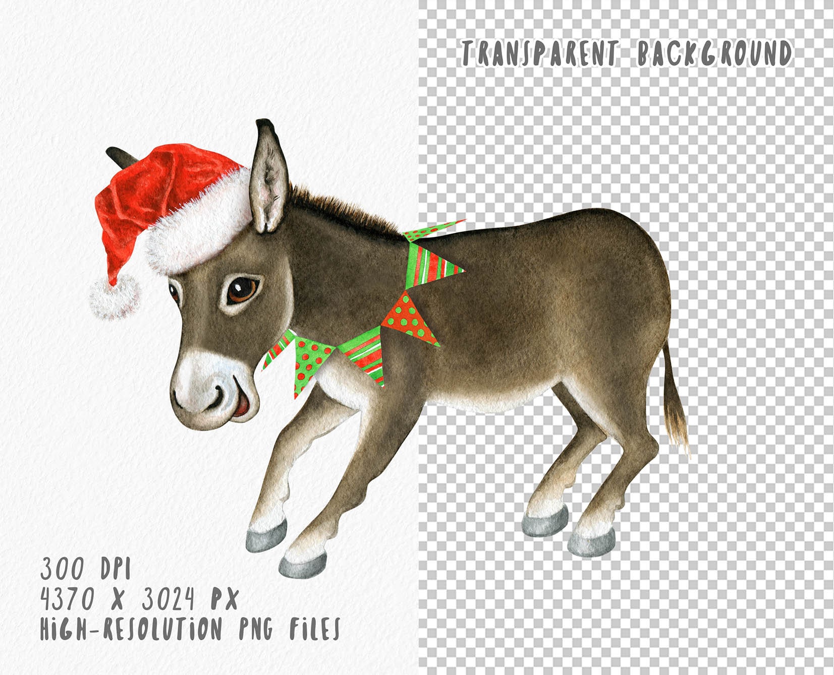Cute Donkey in Santa Hat Clipart. Christmas Clipart. Watercolor Donkey ...
