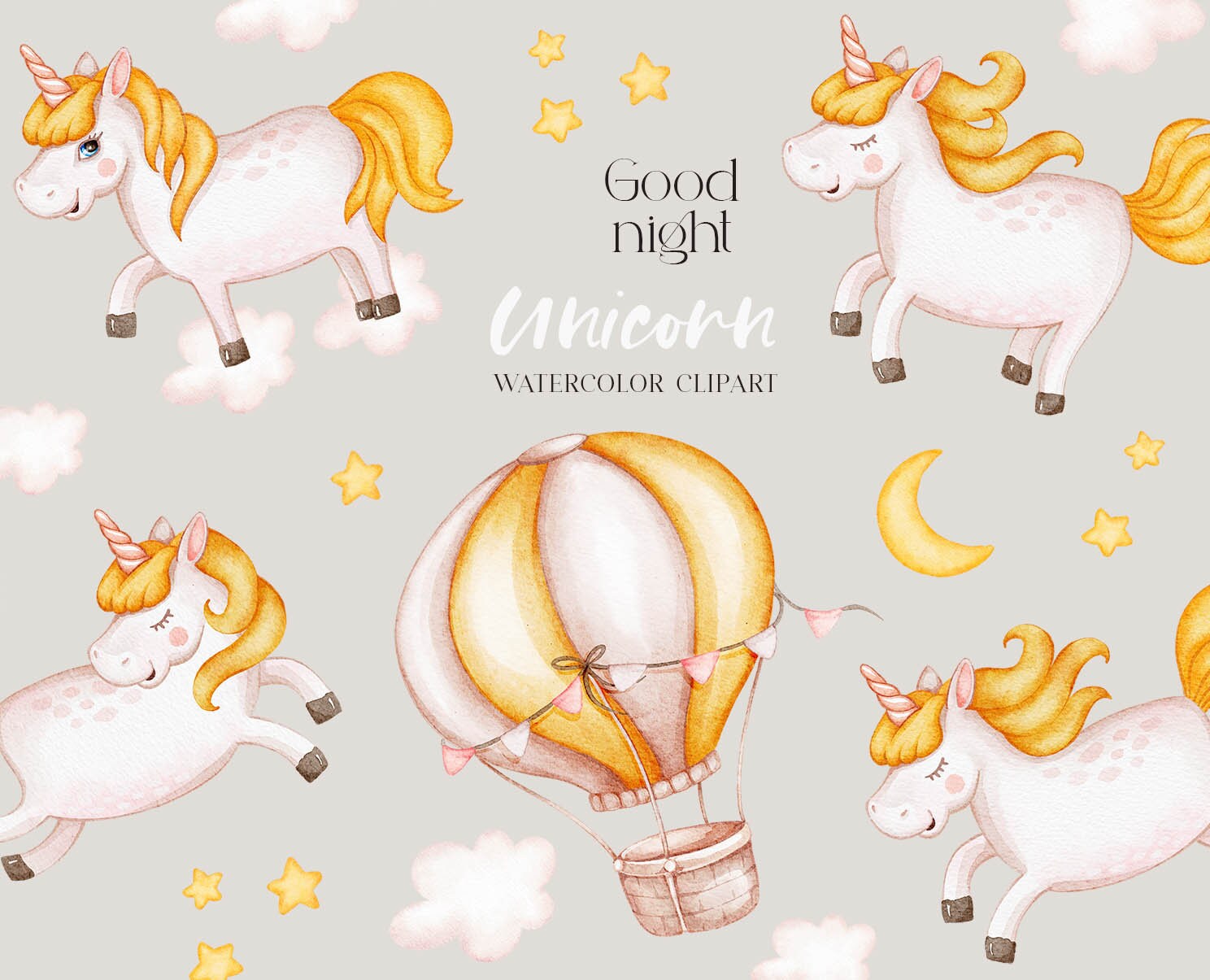Cute Unicorn Watercolor Clipart. Nursery Graphics, Good Night Clipart ...