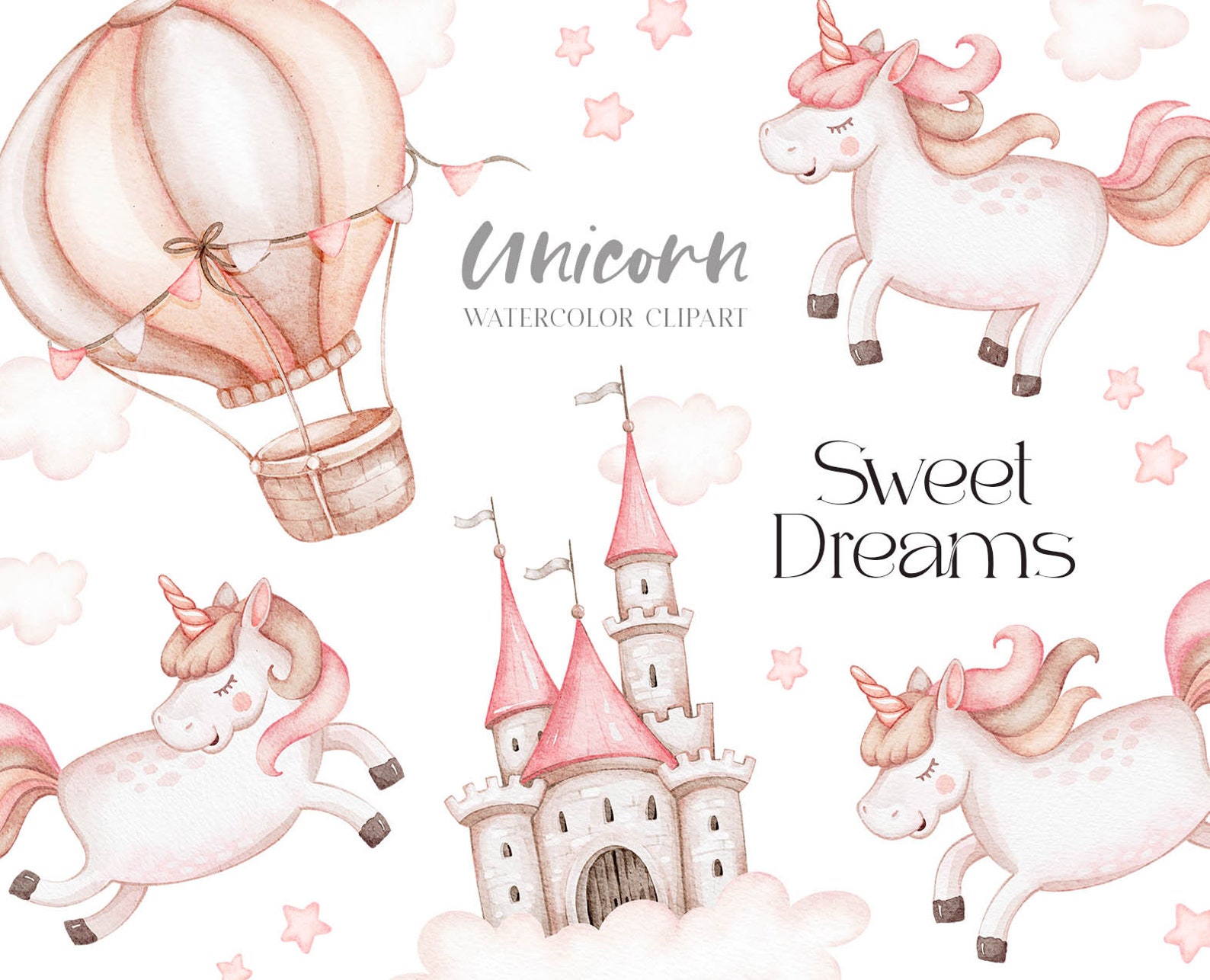 Cute Unicorn Watercolor Clipart. Magic Unicorn Graphics. Castle, Hot ...