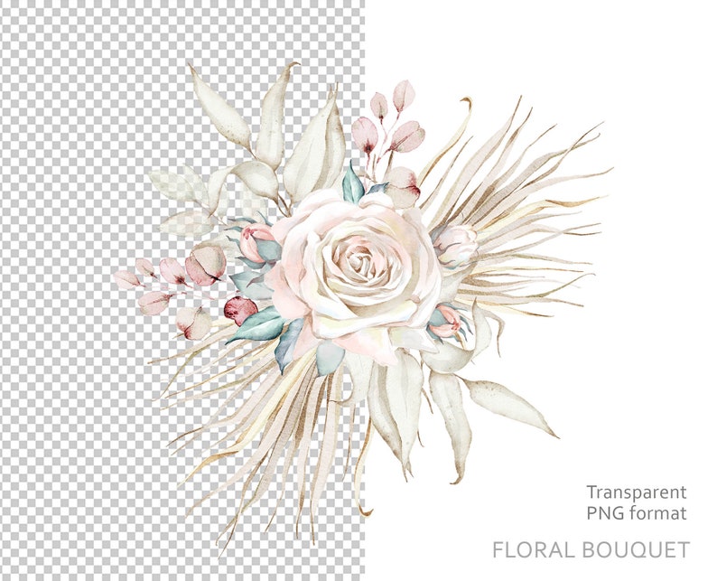 Roses Clipart Watercolor Bohemian Flower Floral Bouquet Pale Pink Boho ...