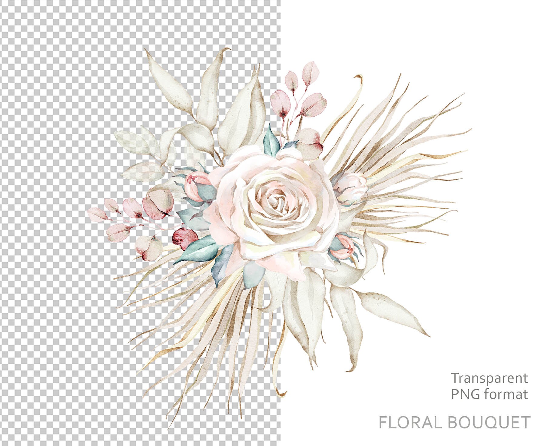 Roses Clipart Watercolor Bohemian Flower Floral Bouquet Pale Pink Boho ...