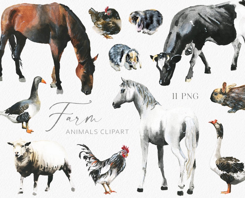 Farm Animals Clipart. Watercolor Farm Animals. Horse, Cow, Sheep ...