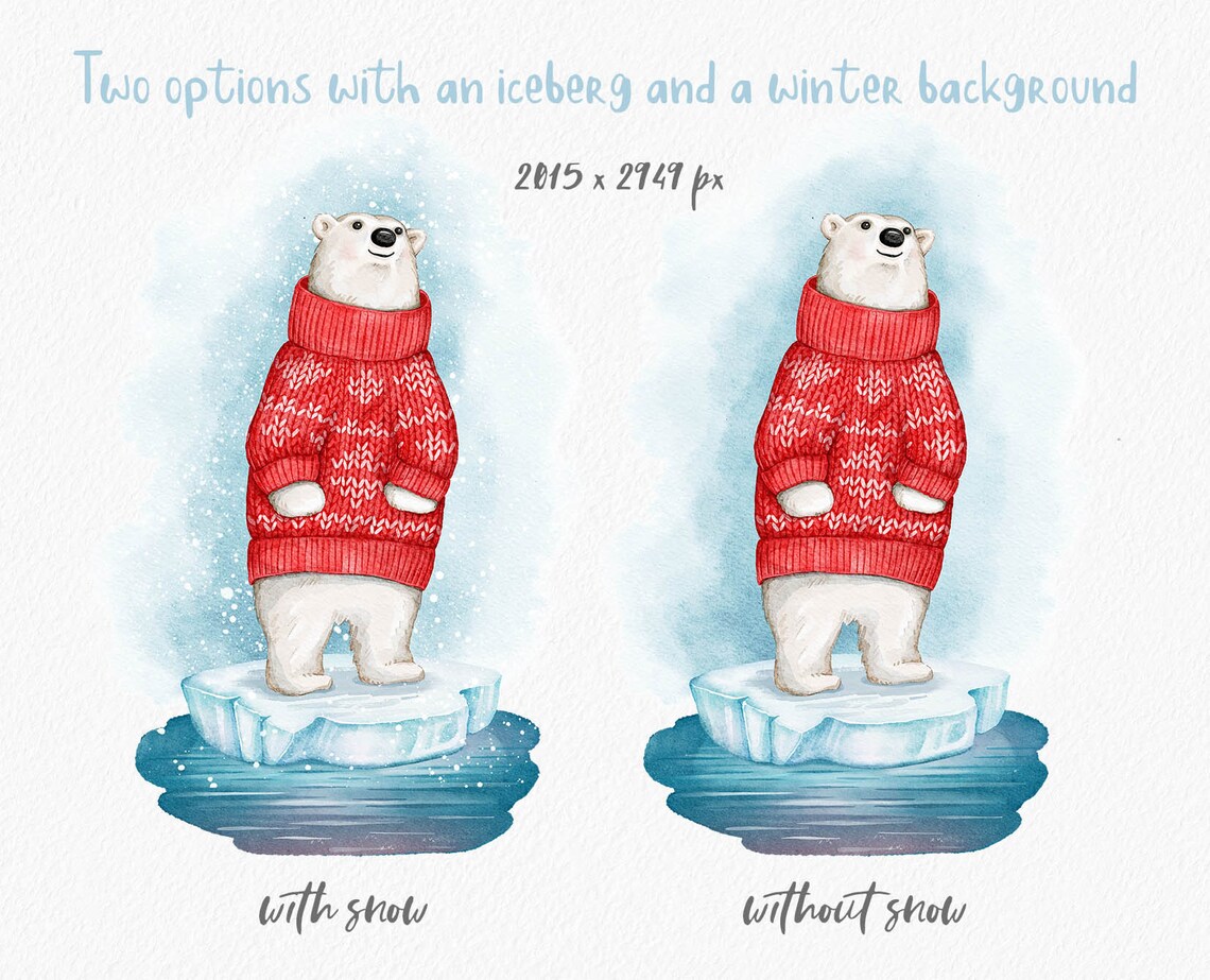 Polar Bear Clipart. Watercolor Polar Bear in a Christmas - Etsy