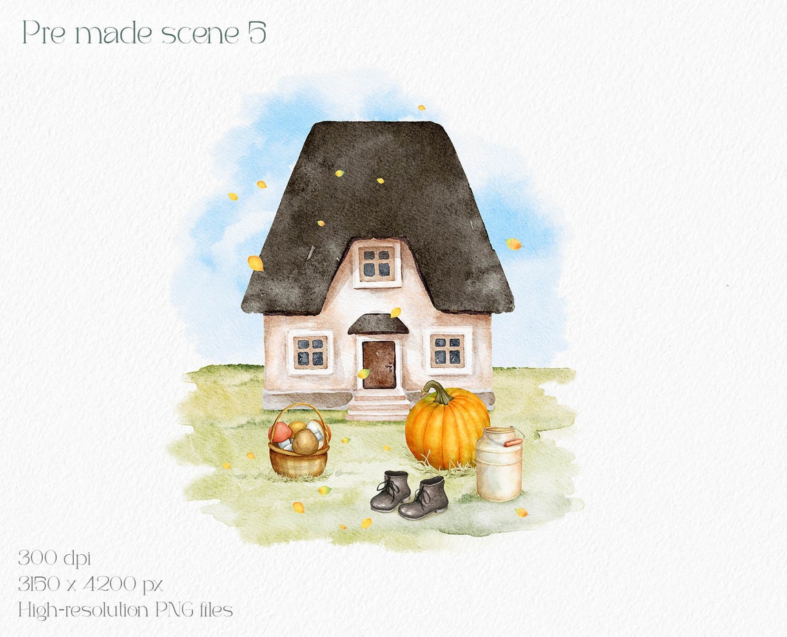 Watercolor Autumn Farm Scene Clipart. Autumn Harvest. Farmhouse ...