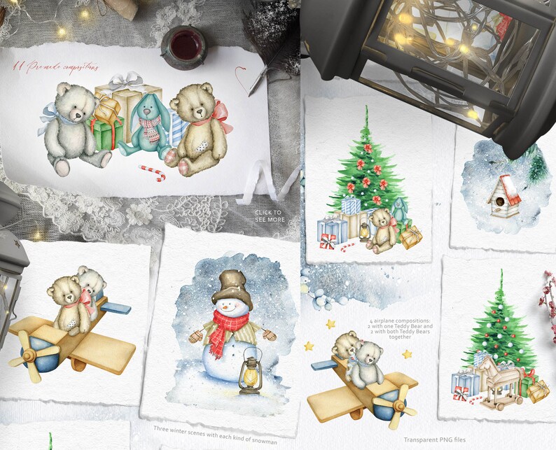 Watercolor Christmas Clipart Set Teddy Bear Clip Art Bunny - Etsy