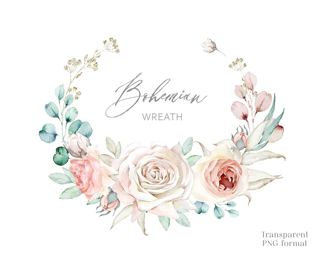 Roses Clipart Watercolor Bohemian Flowers Wreath Floral Frame Pale Pink ...