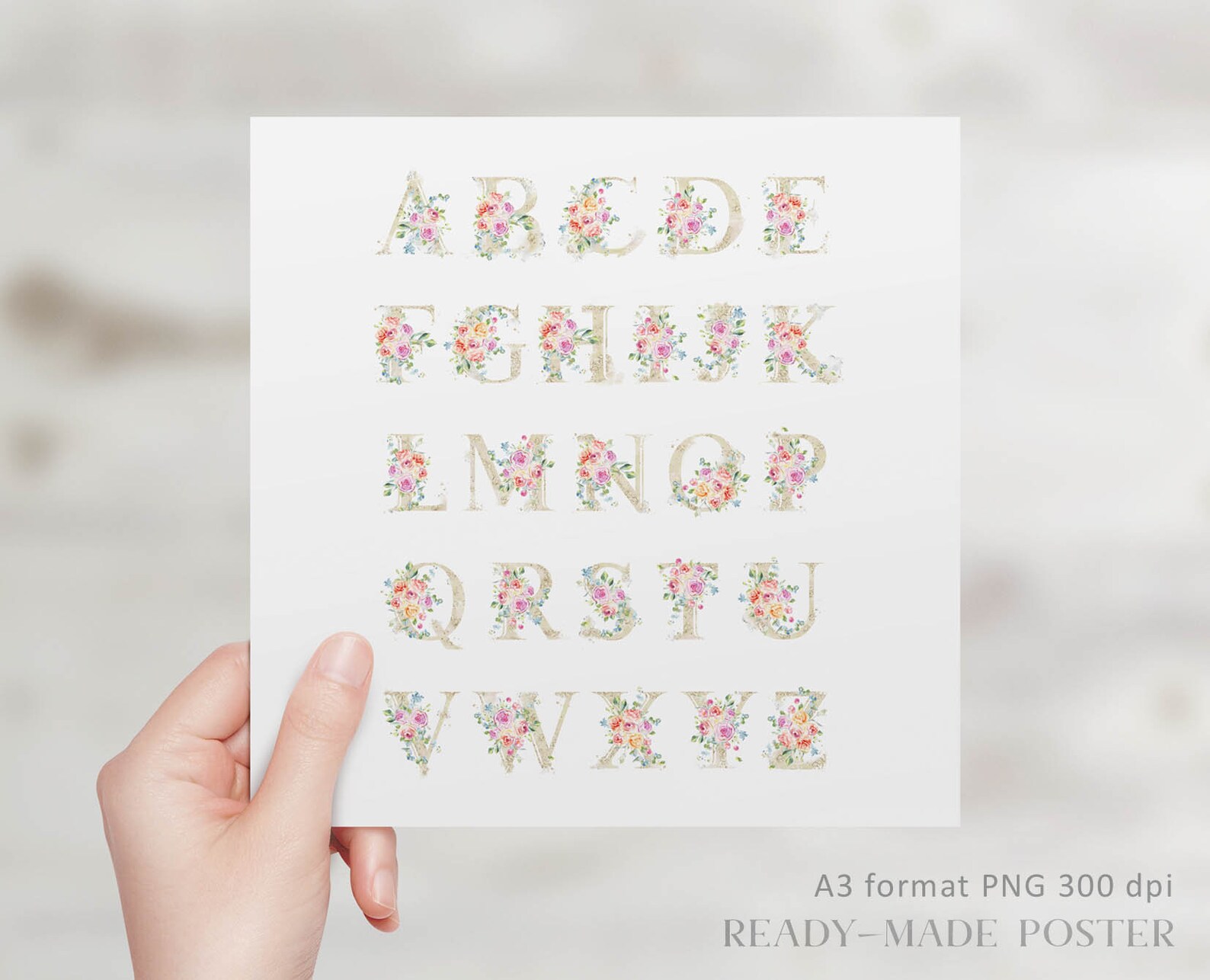 Floral Alphabet Clipart With Watercolor Roses. 26 Gold Letters ...