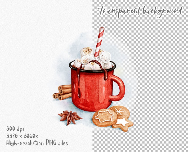 Hot Chocolate Red Mug Clipart. Watercolor Christmas Clipart. - Etsy