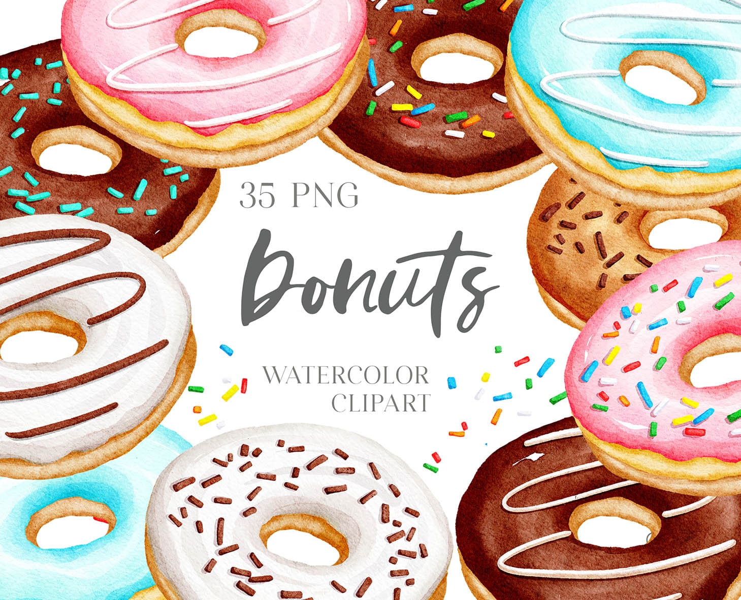Watercolor Donuts Clipart. Sprinkle Pink, Blue, Caramel and Chocolate Donut Illustrations. Sweet ...