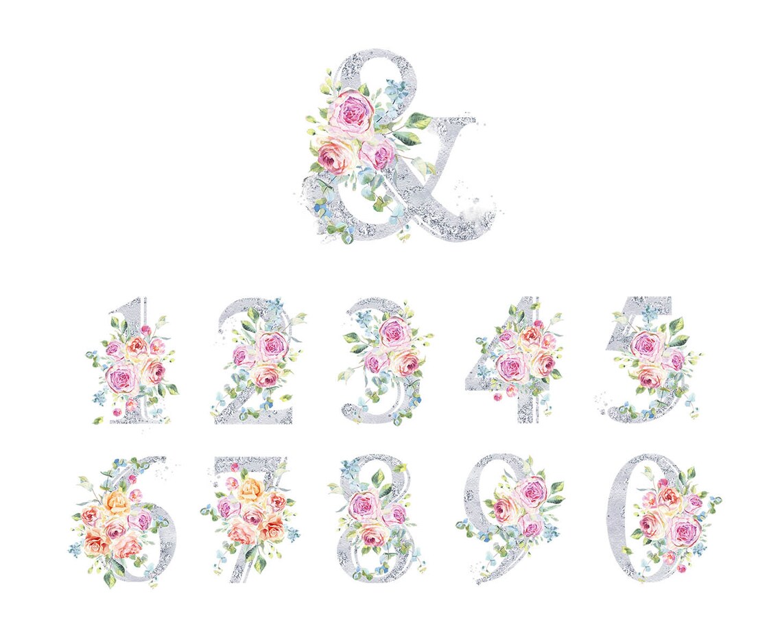 Floral Alphabet Clipart With Watercolor Roses. 26 Silver - Etsy
