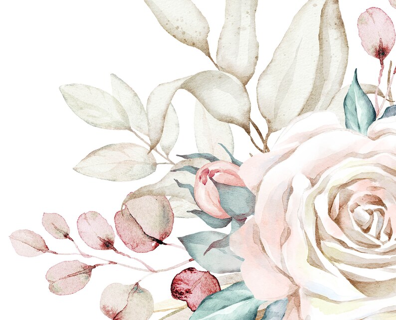 Roses Clipart Watercolor Bohemian Flower Floral Bouquet Pale Pink Boho ...