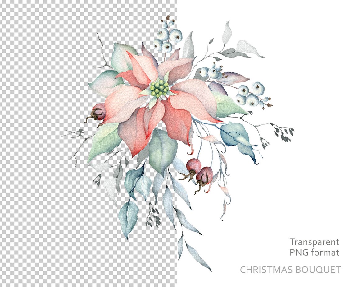 Watercolor Christmas Clipart Floral Bouquet With Poinsettia Flower and ...