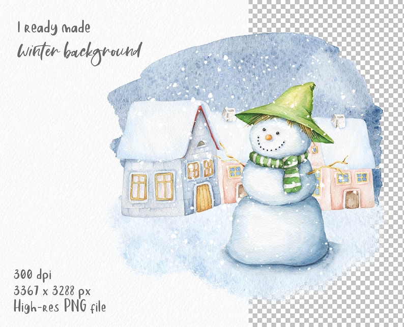 Christmas Clipart. Watercolor Snowman Clipart. Winter Scene - Etsy