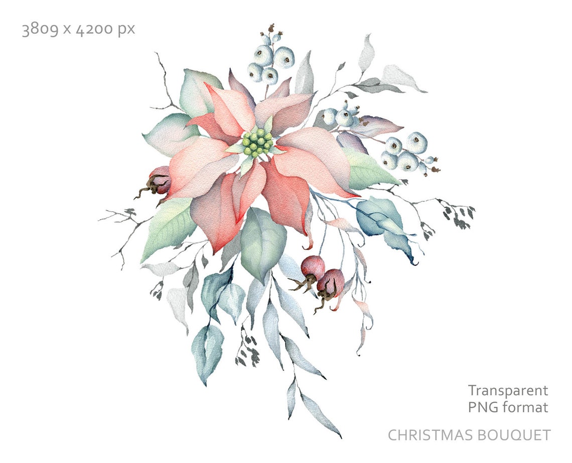 Watercolor Christmas Clipart Floral Bouquet With Poinsettia Flower and ...