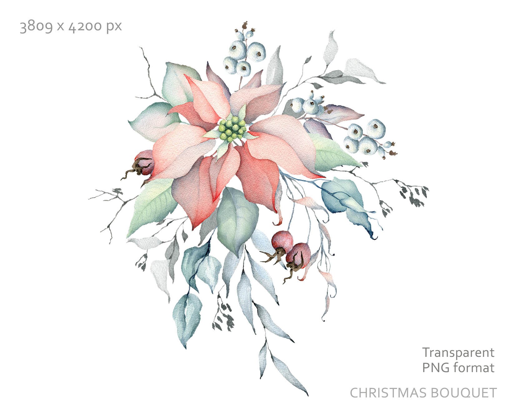 Watercolor Christmas Clipart - Floral Bouquet With Poinsettia Flower ...