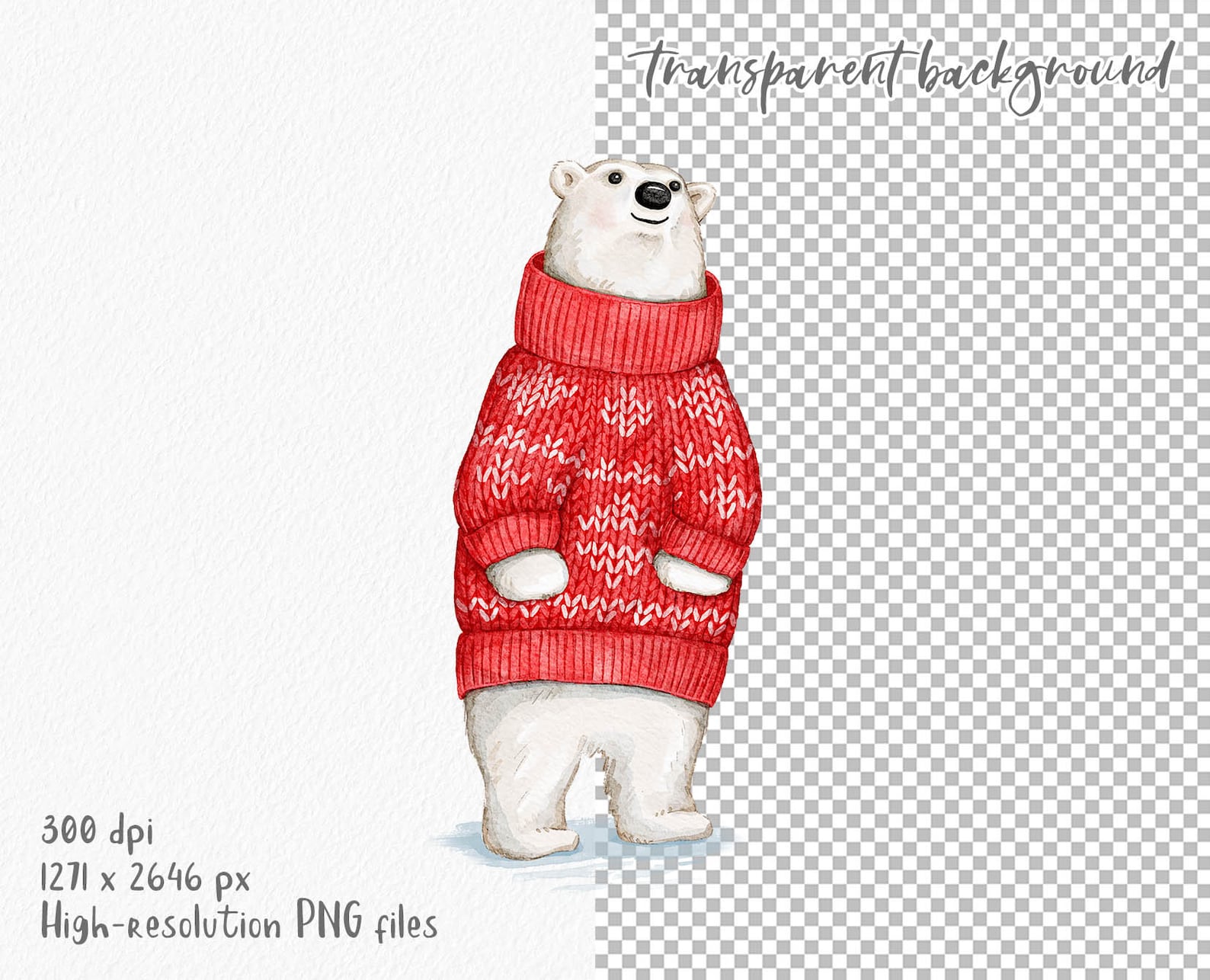 Polar Bear Clipart. Watercolor Polar Bear in a Christmas - Etsy