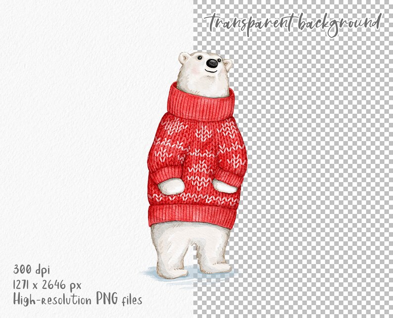 Polar Bear Clipart. Watercolor Polar Bear in a Christmas Sweater ...