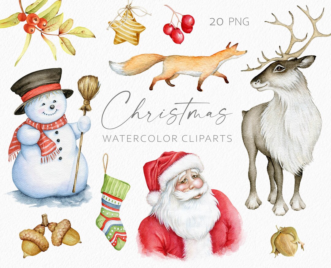 Watercolor Christmas Clipart. Animals Clipart, Santa Claus Clipart ...