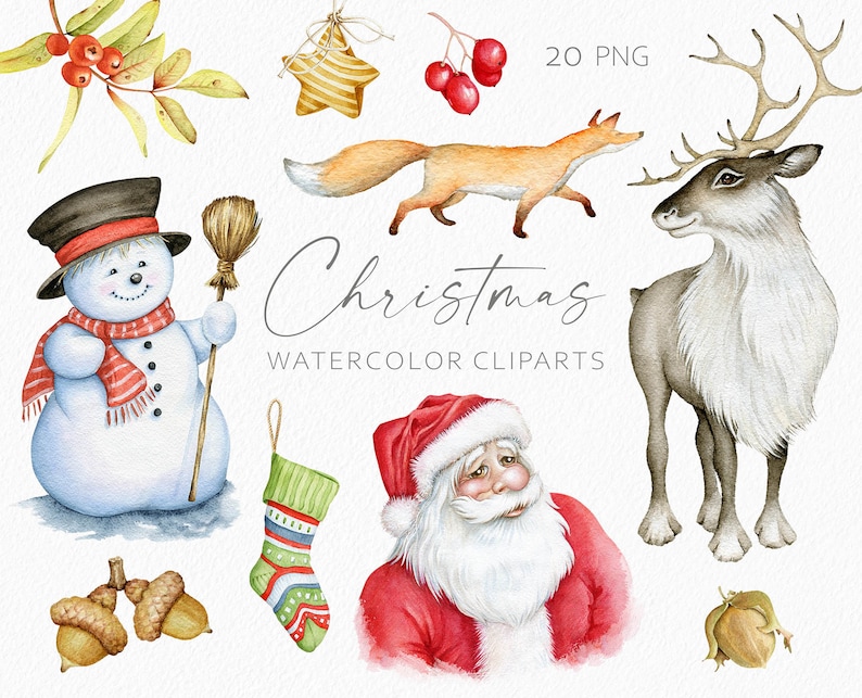 Watercolor Christmas Clipart. Animals Clipart, Santa Claus Clipart ...