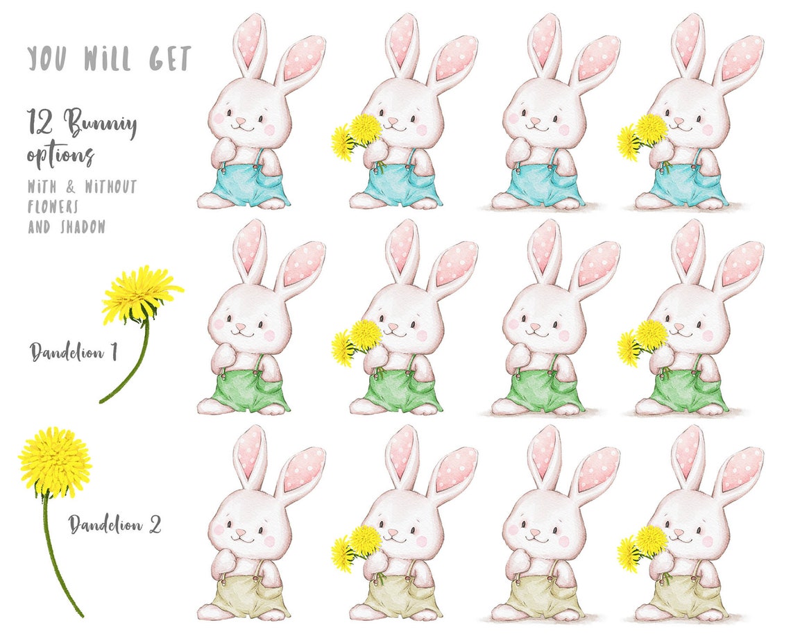 Bunny Clipart Cute Baby Bunny Illustration Flowers Easter Cards Sweet ...