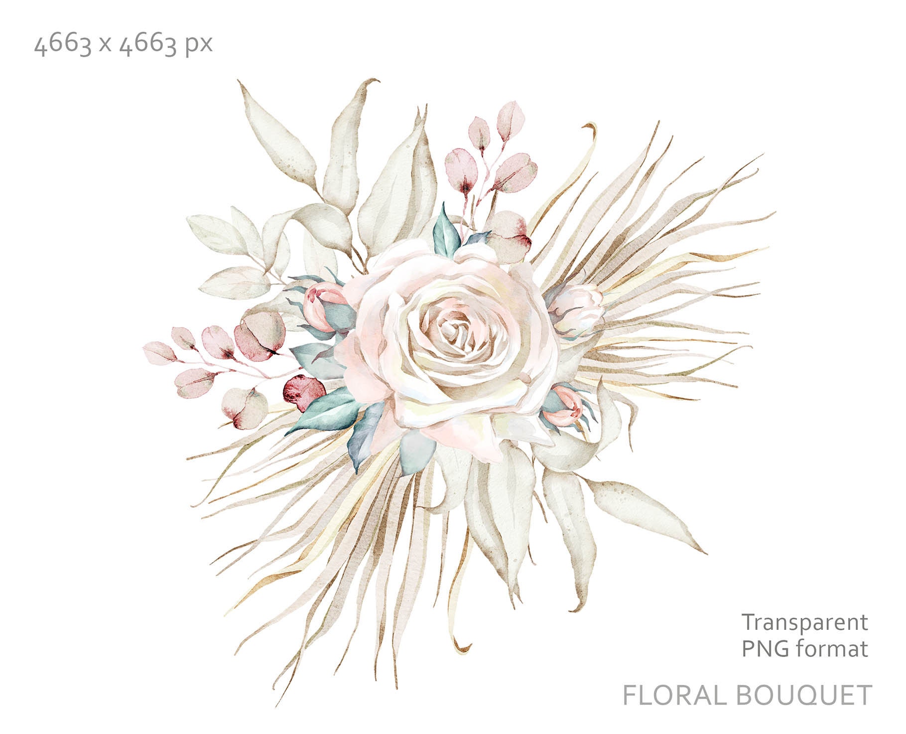 Roses Clipart Watercolor Bohemian Flower Floral Bouquet Pale Pink Boho ...