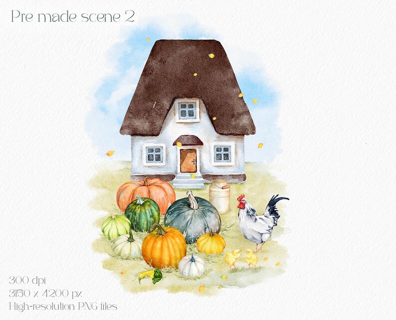 Watercolor Autumn Farm Scene Clipart. Autumn Harvest. Farmhouse ...