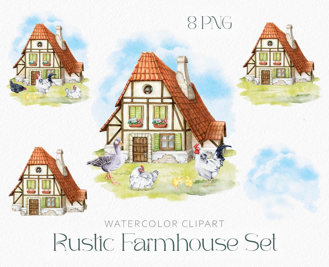 Watercolor Rustic Farmhouse Clipart. Cozy Farm House. Farm Cottage ...