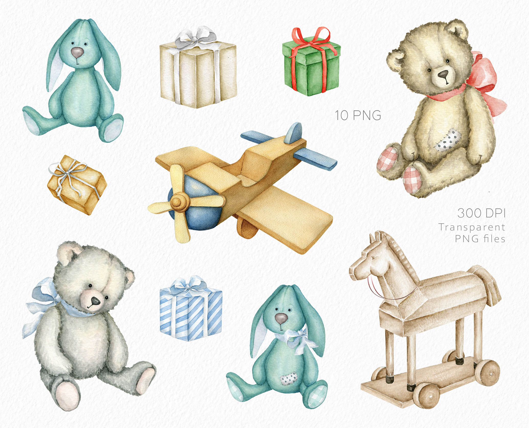 Teddy Bear Clipart. Bunny Clipart. Watercolor Toys Clipart. Christmas ...