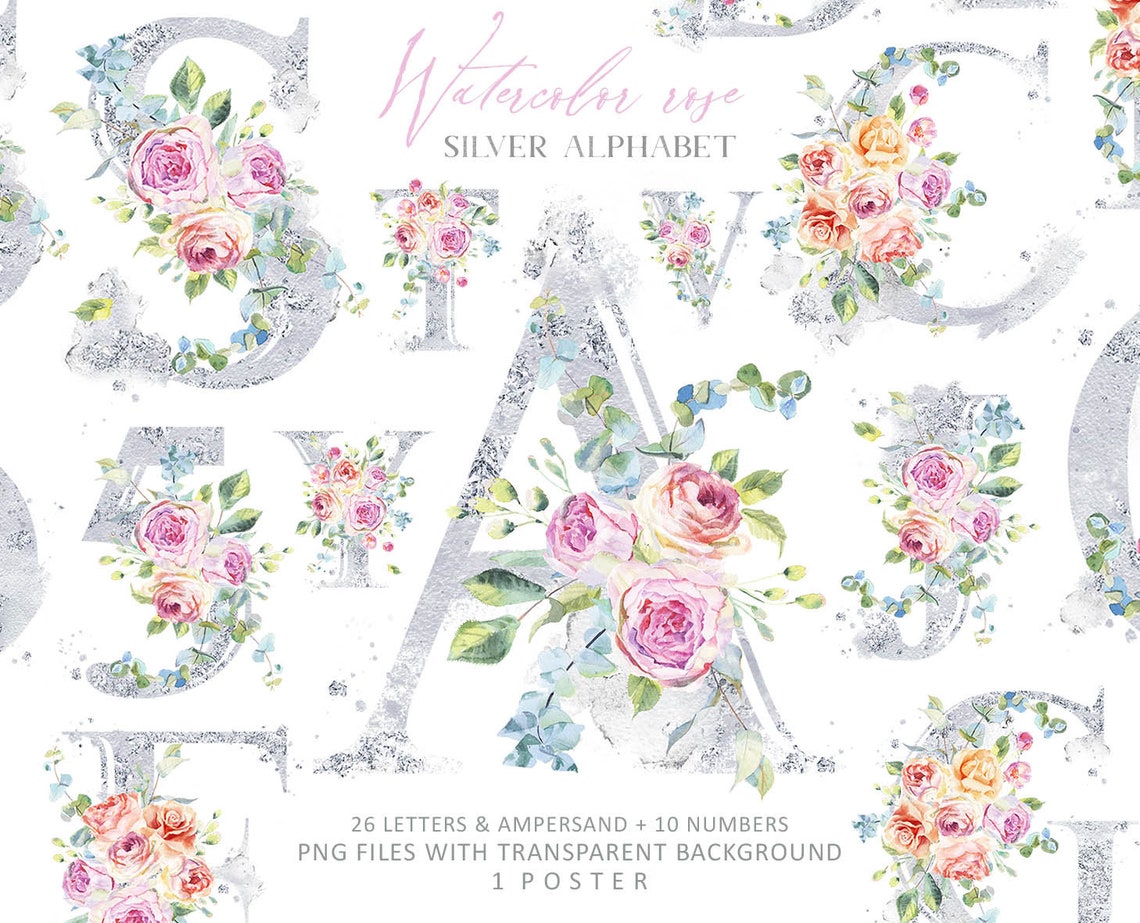 Floral Alphabet Clipart With Watercolor Roses. 26 Silver - Etsy