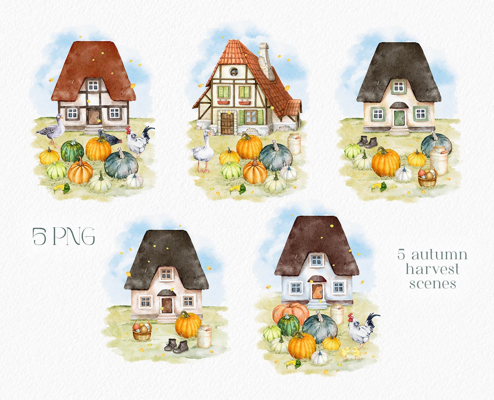 Watercolor Autumn Farm Scene Clipart. Autumn Harvest. Farmhouse ...