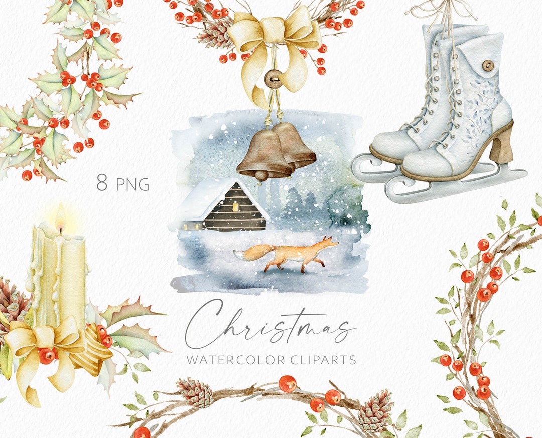 Watercolor Christmas Clipart. Holiday Clipart. Christmas Wreath, Candle ...