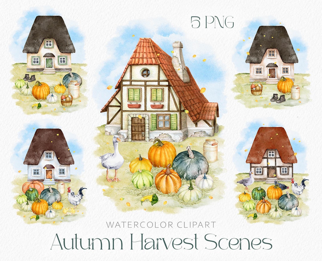 Watercolor Autumn Farm Scene Clipart. Autumn Harvest. Farmhouse ...