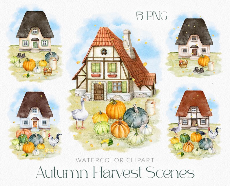 Watercolor Autumn Farm Scene Clipart. Autumn Harvest. Farmhouse ...