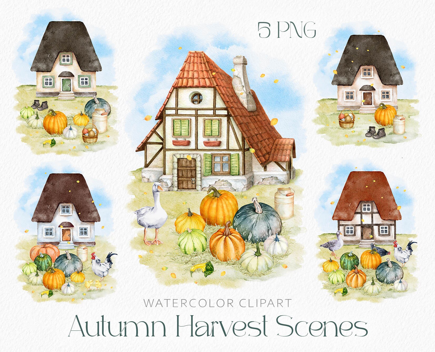 Watercolor Autumn Farm Scene Clipart. Autumn Harvest. Farmhouse ...
