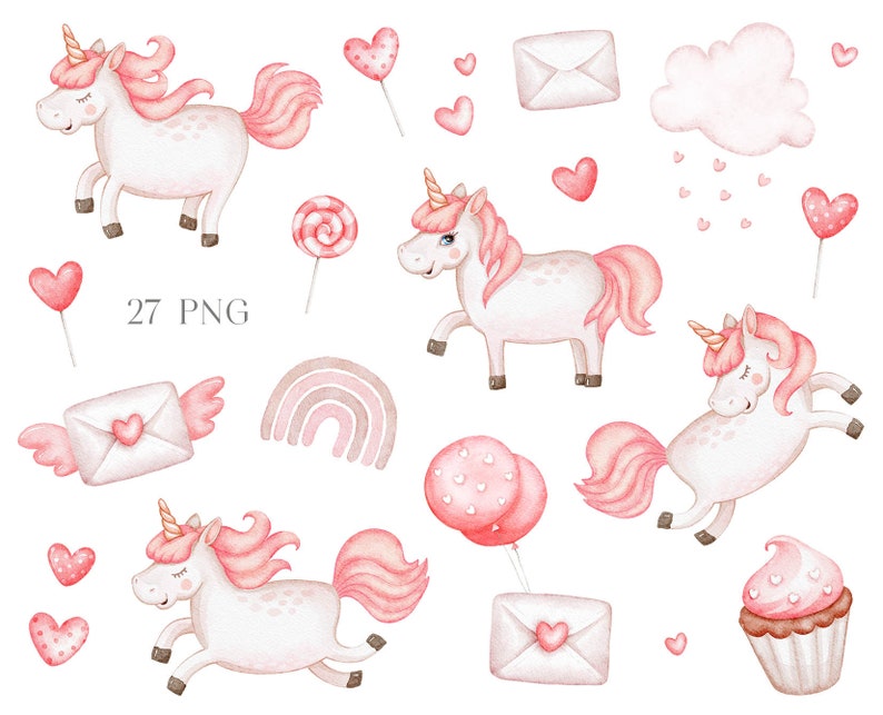 Cute Unicorn Watercolor Clipart. Watercolor Valentine's Day Clipart ...