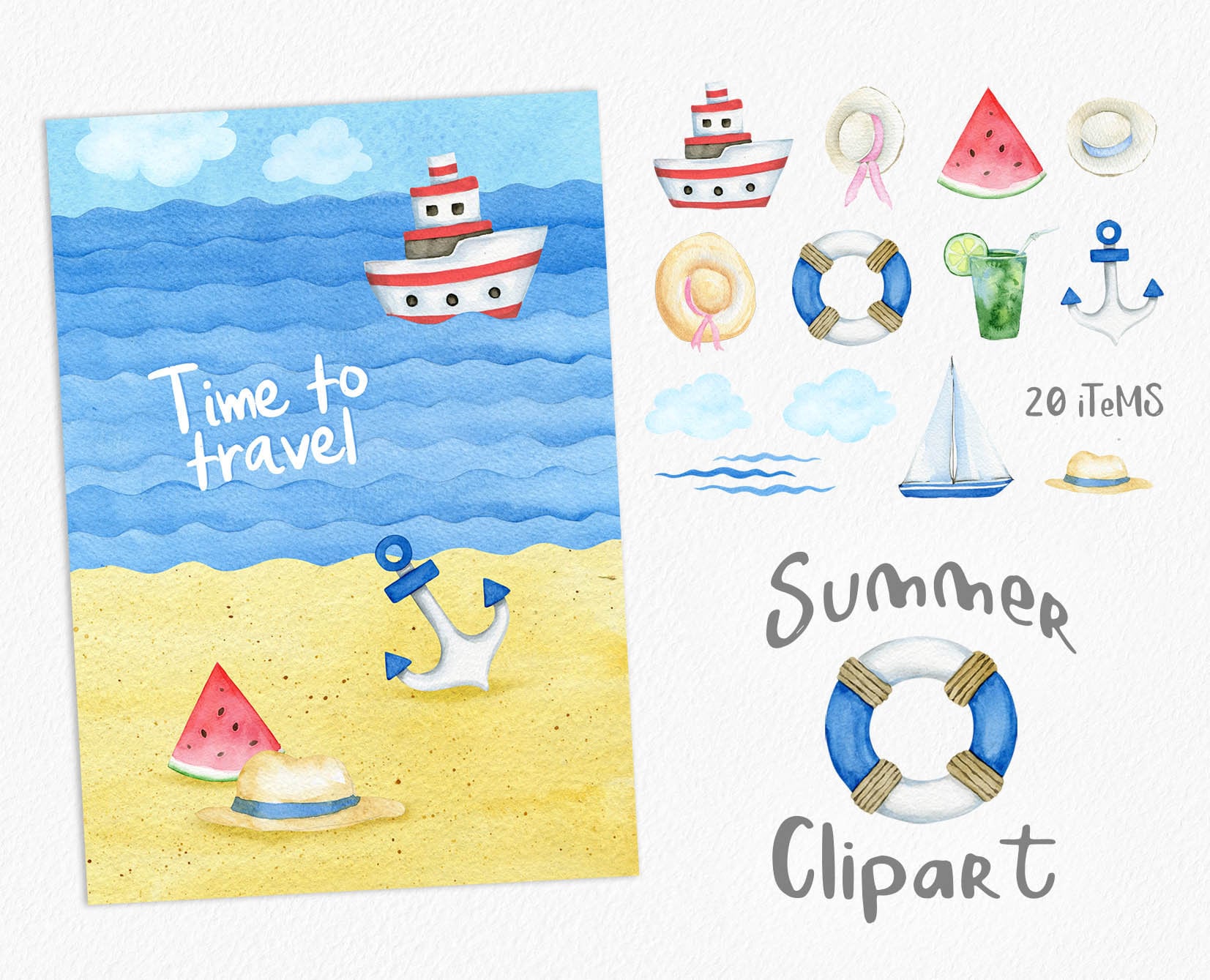 Nautical Clipart. Summer Watercolor Beach Clipart. Seascape. - Etsy