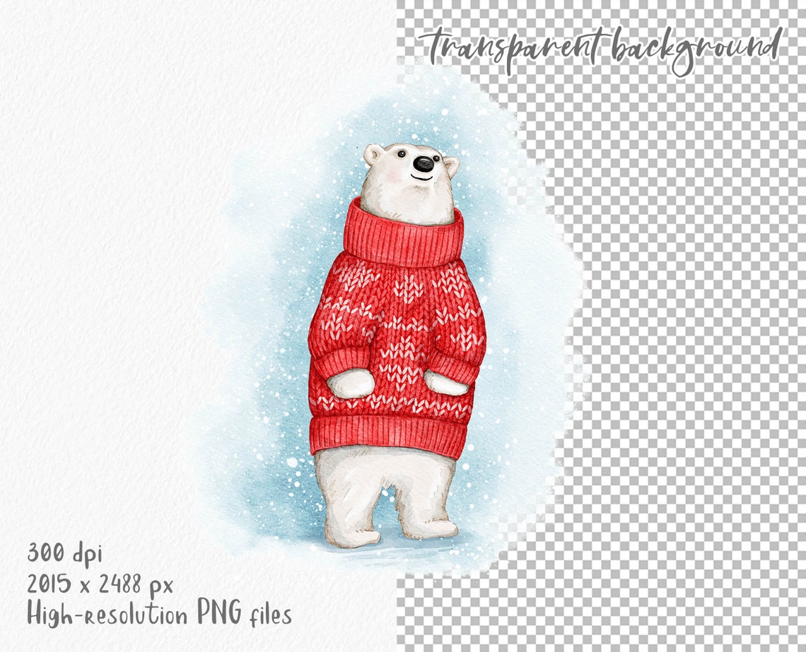 Polar Bear Clipart. Watercolor Polar Bear in a Christmas - Etsy
