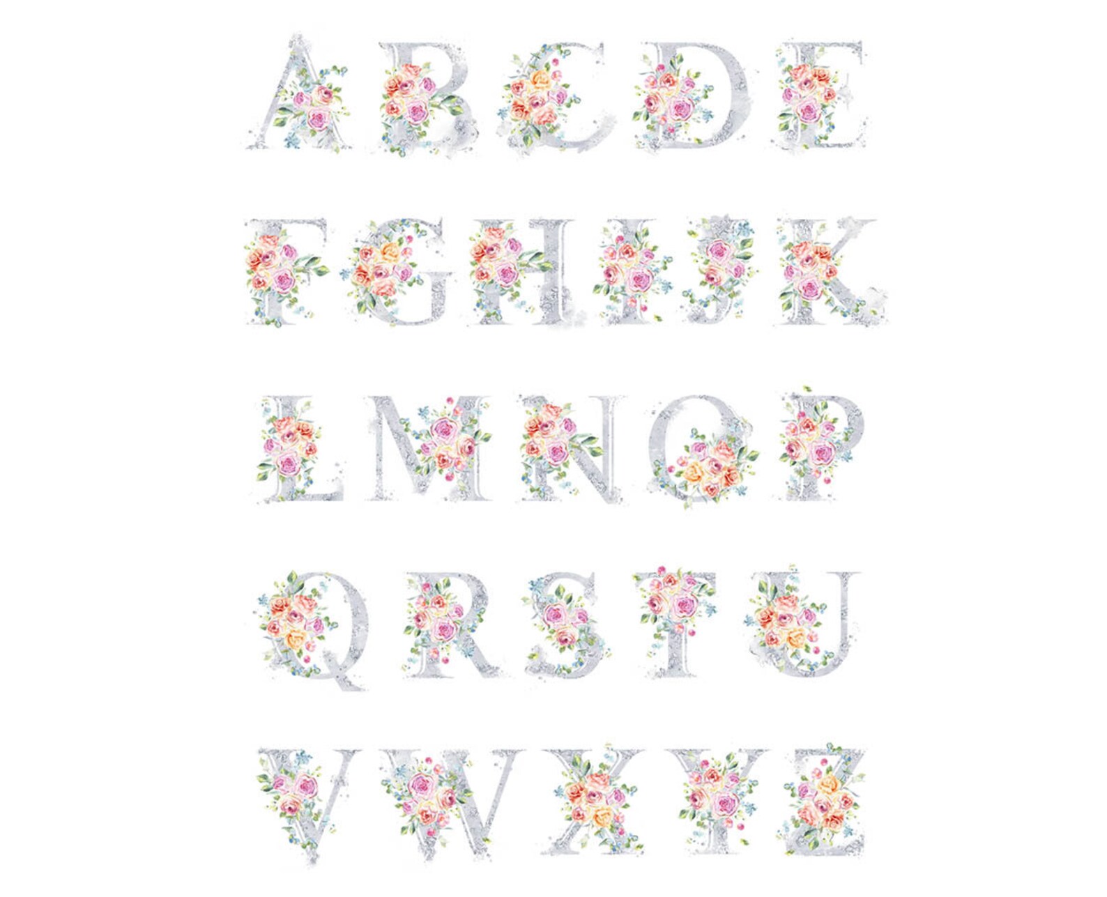 Floral Alphabet Clipart With Watercolor Roses. 26 Silver Letters ...