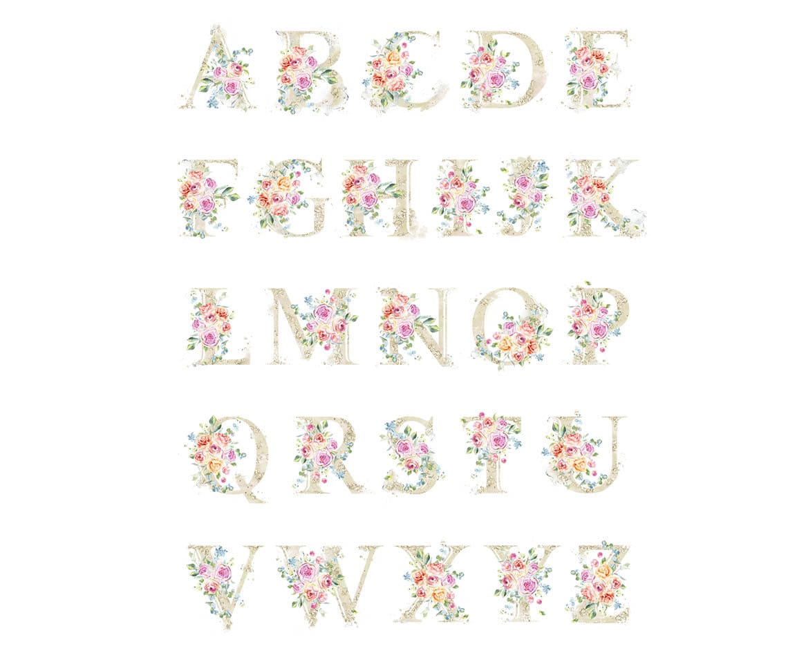 Floral Alphabet Clipart With Watercolor Roses. 26 Gold - Etsy