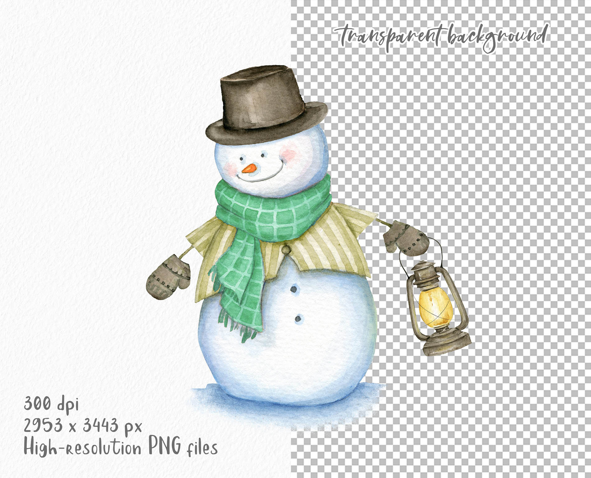 Watercolor Snowman Clipart Christmas Clipart Snowman With Green Scarf ...