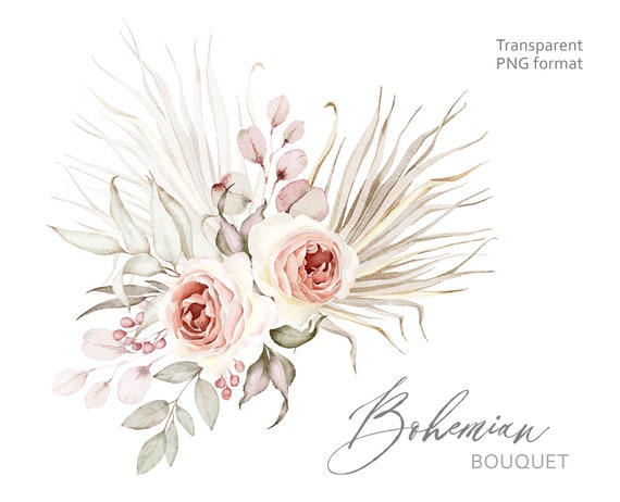 Bohemian Roses Clipart Watercolor Flower Floral Bouquet Pale - Etsy