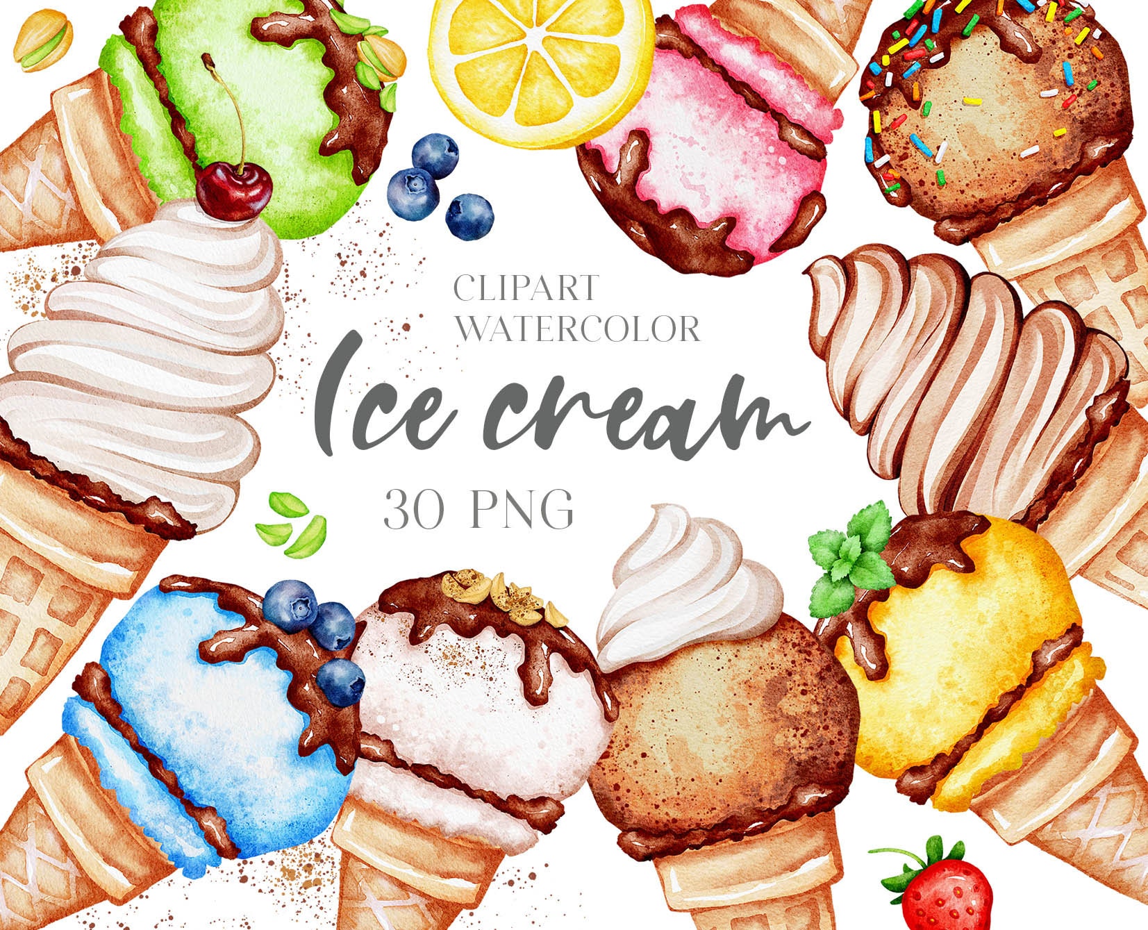 Watercolor Ice Cream Clipart. Summer Sweets Clipart. Waffle Cone ...