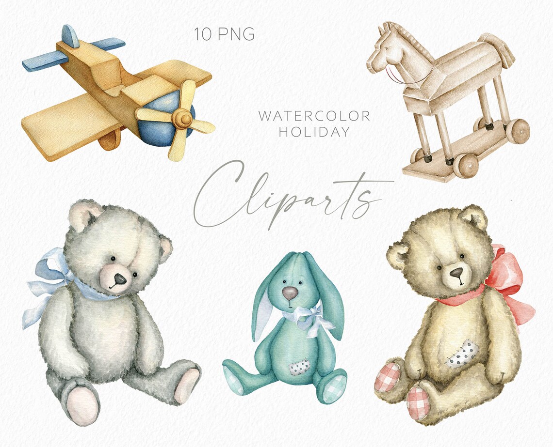 Teddy Bear Clipart. Bunny Clipart. Watercolor Toys Clipart. - Etsy