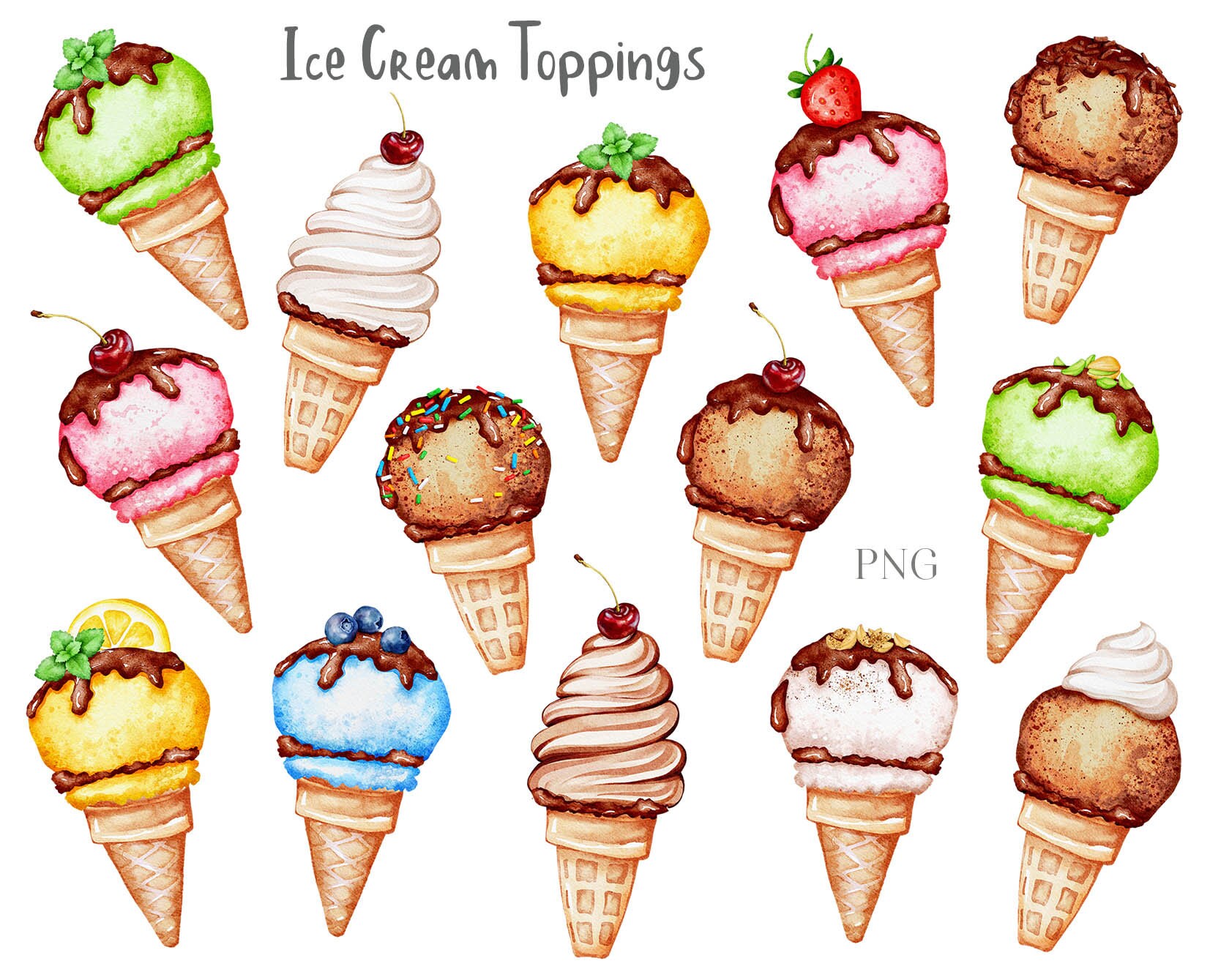 Watercolor Ice Cream Clipart. Summer Sweets Clipart. Waffle Cone ...