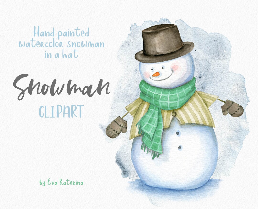 Watercolor Snowman Clipart Christmas Clipart Snowman With Green Scarf ...