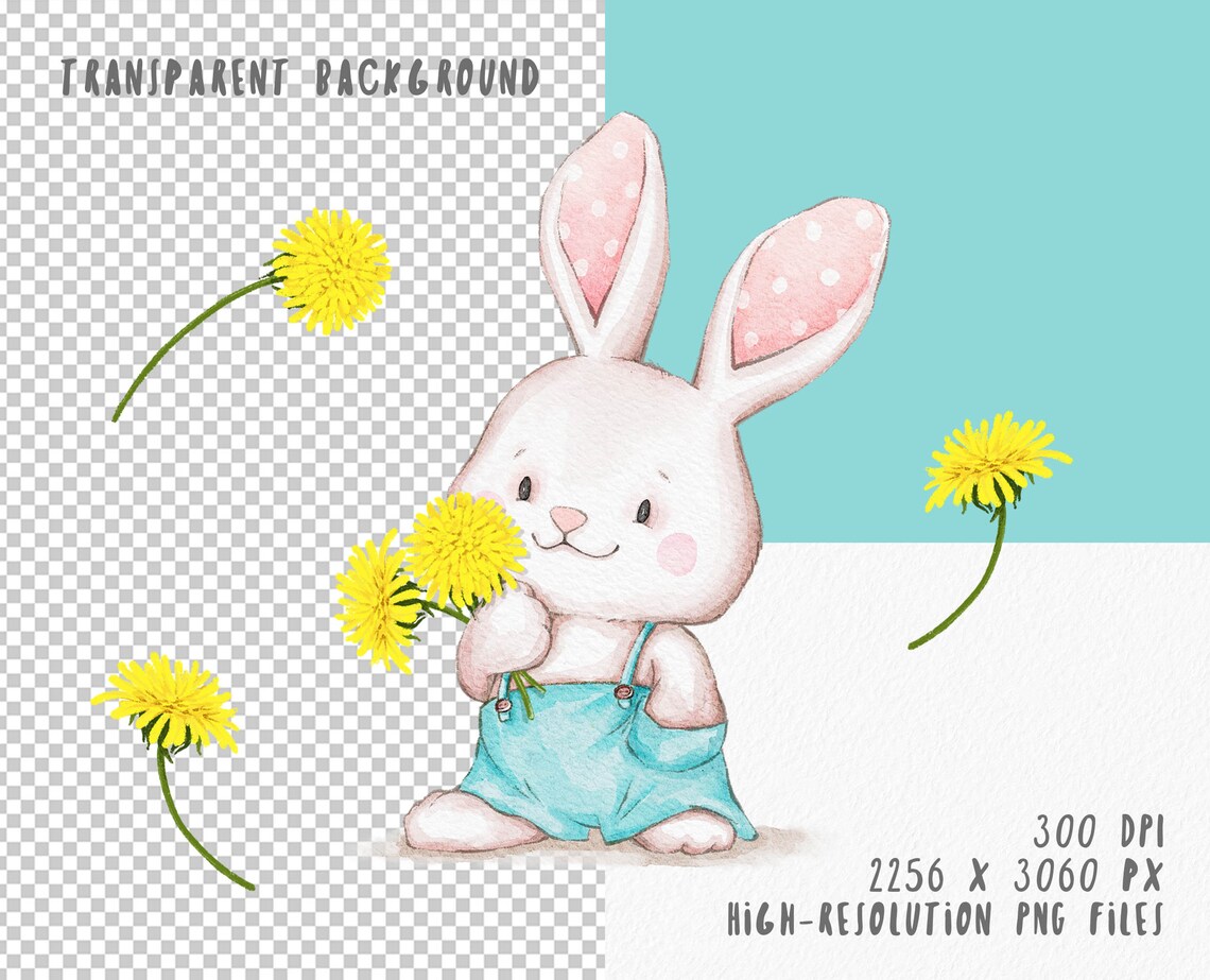 Bunny Clipart Cute Baby Bunny Illustration Flowers Easter | Etsy