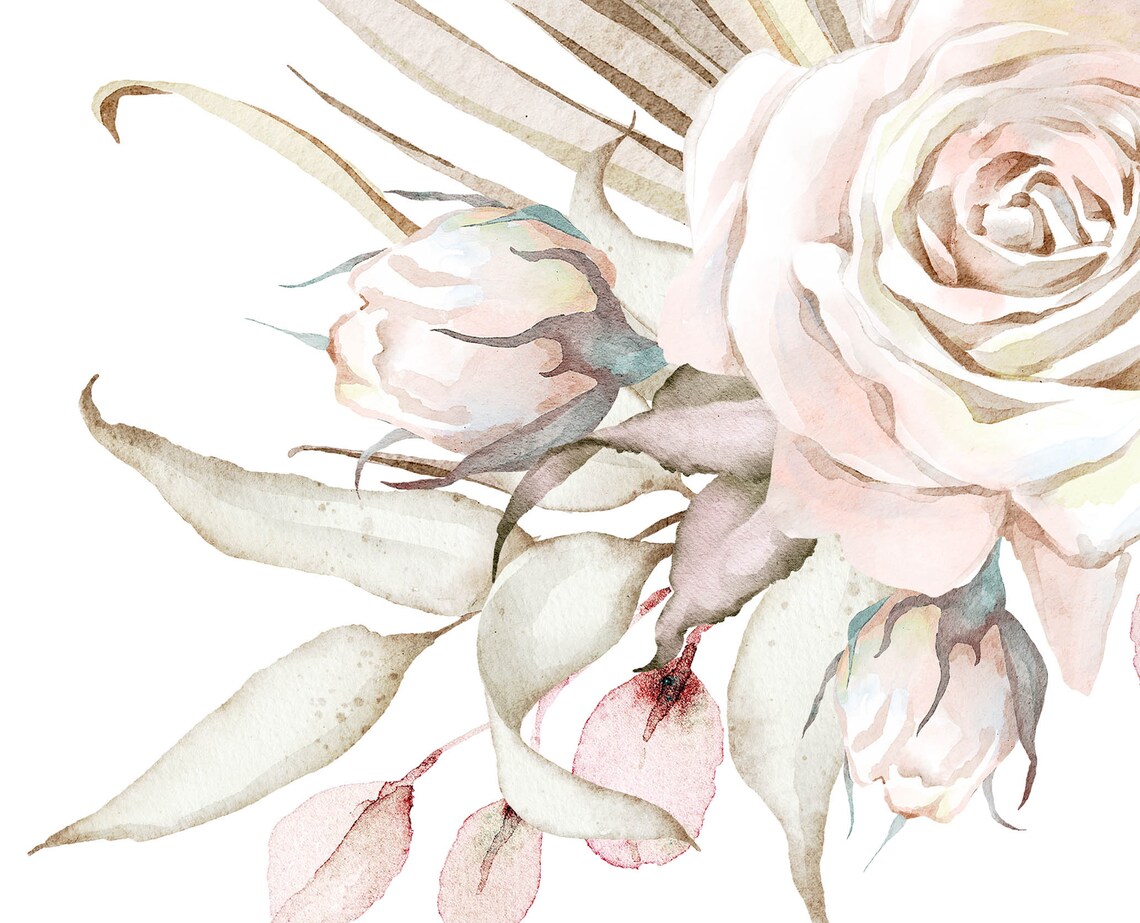 Rose Clipart Boho Bouquet Watercolor Bohemian Flower Floral - Etsy