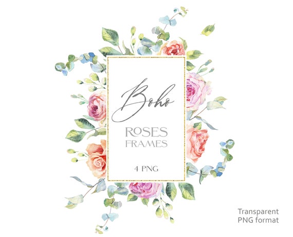 Boho Roses Frame Clipart. Floral Frame. Watercolor Floral - Etsy